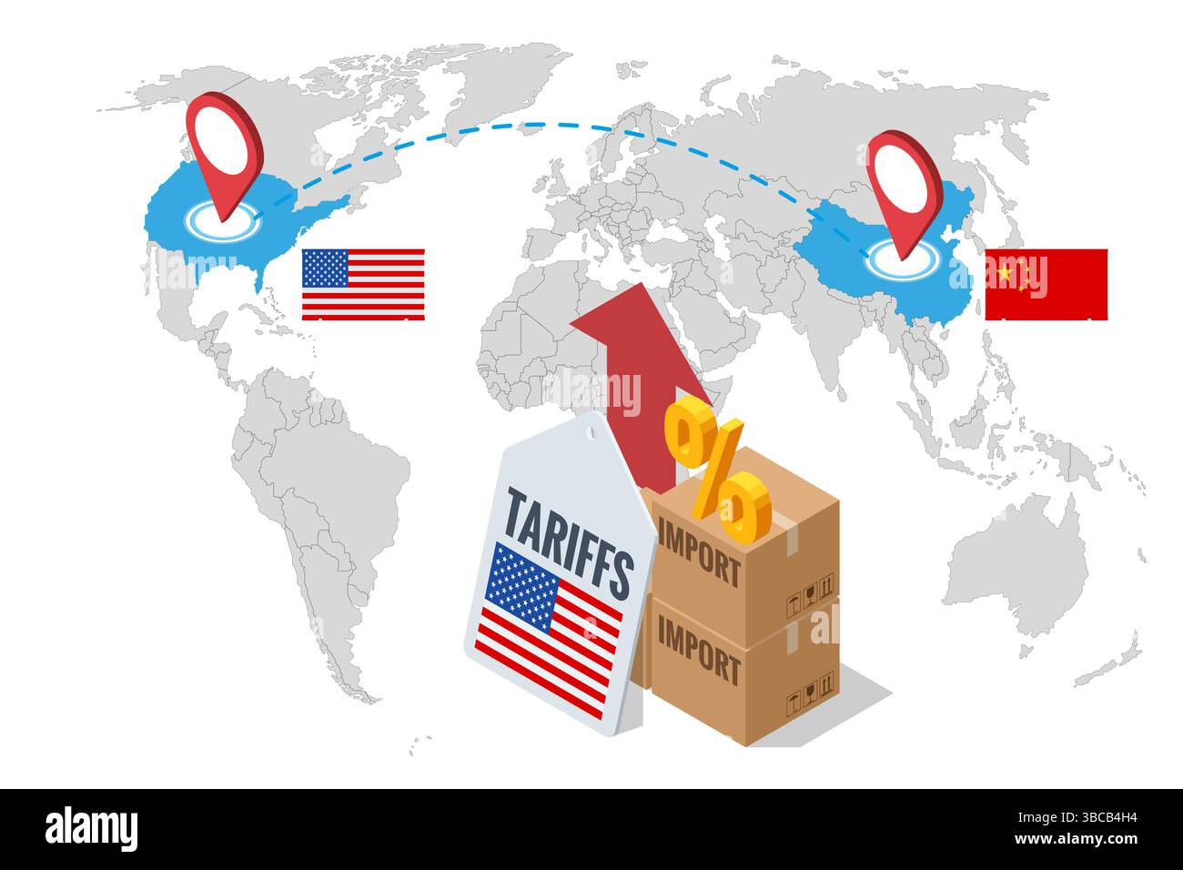Isometric showing rising US import tariffs, affecting global logistics ...