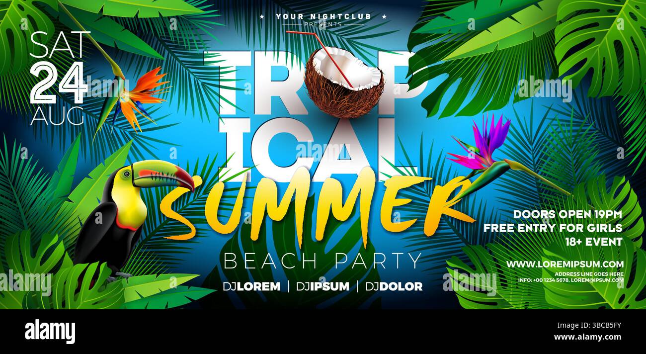 Summer Party Flyer Design with Flower, Tropical Palm Leaves and Toucan ...