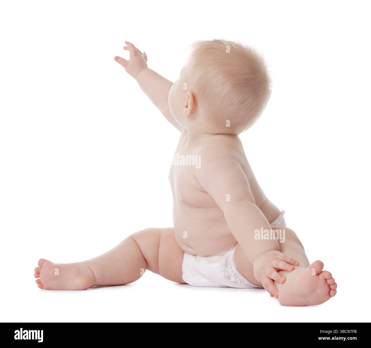 Cute little baby in diaper on white background Stock Photo - Alamy