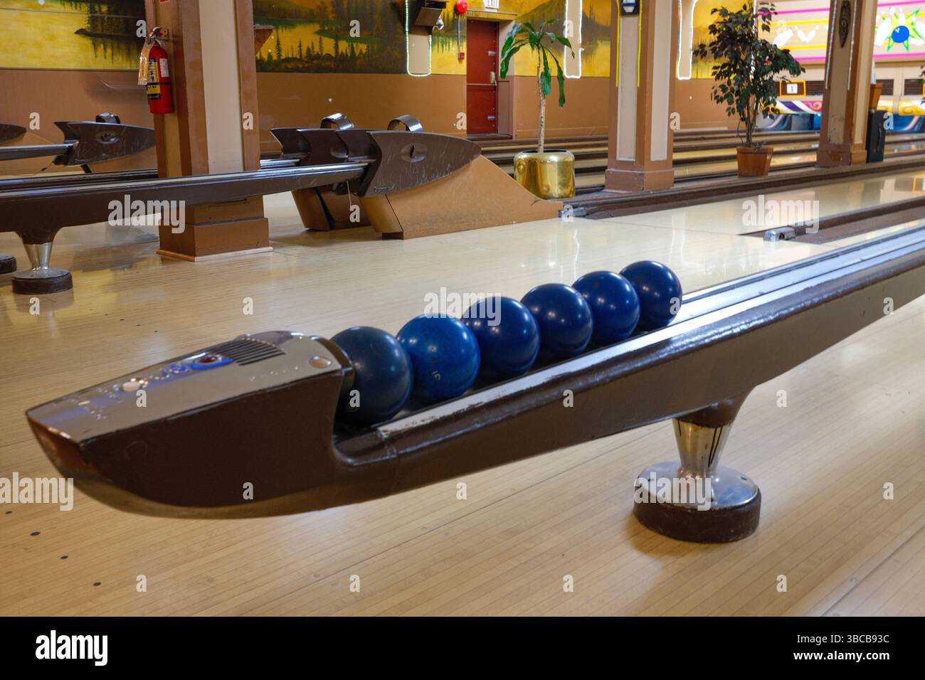 The 5-pin bowling balls are lined up & ready to play at Commodore Lanes ...