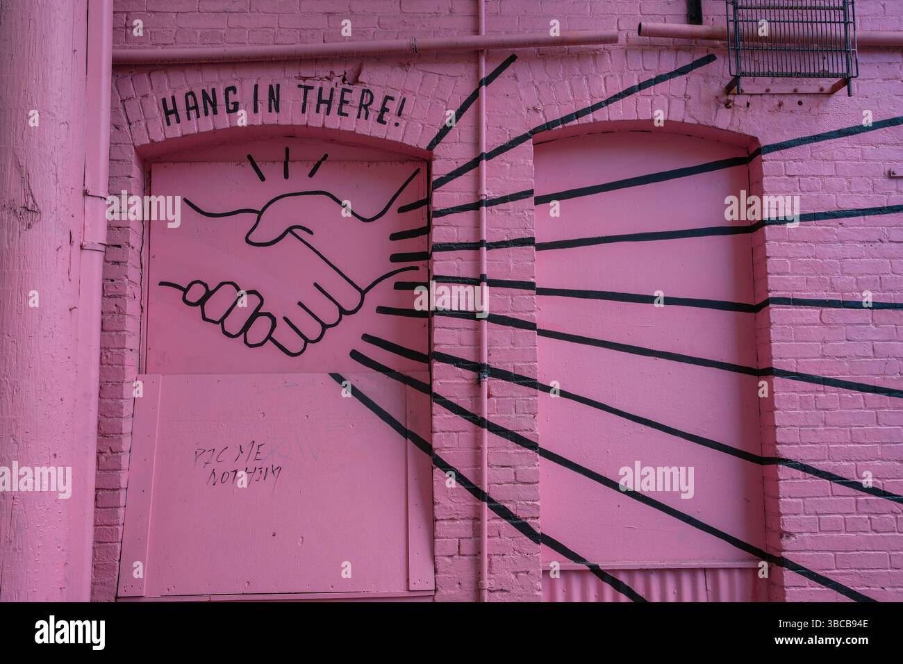 A pink wall & mural with a supportive message down an alley in downtown ...