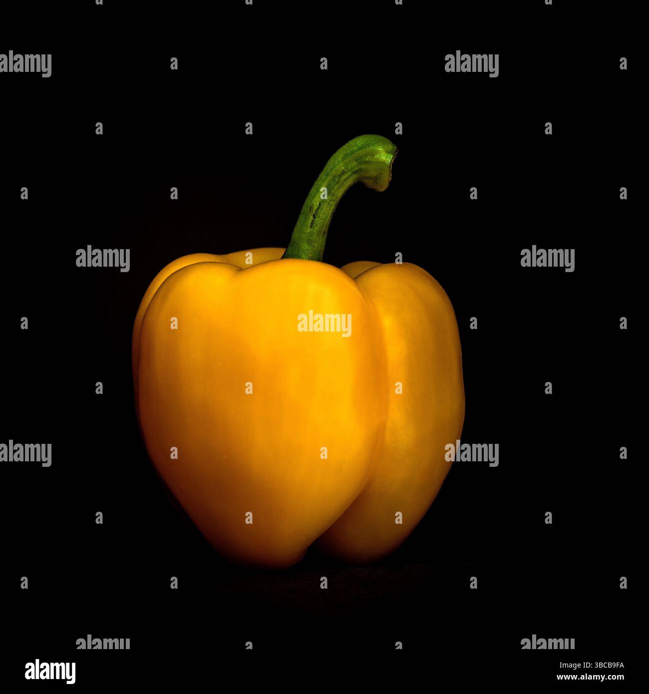A yellow bell pepper is prominently placed against a black background ...