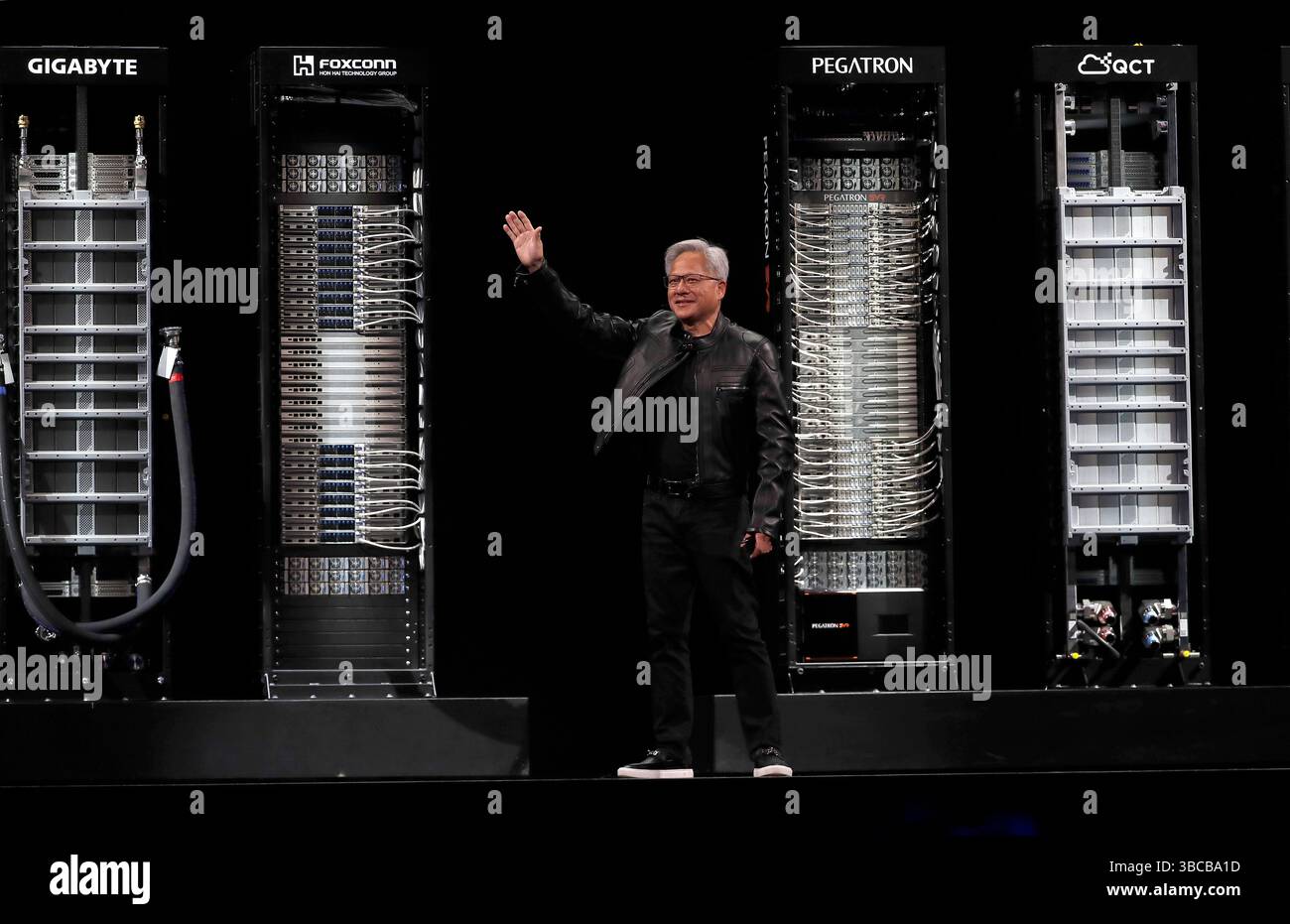 President and CEO of Nvidia Corporation Jensen Huang delivers a speech ...