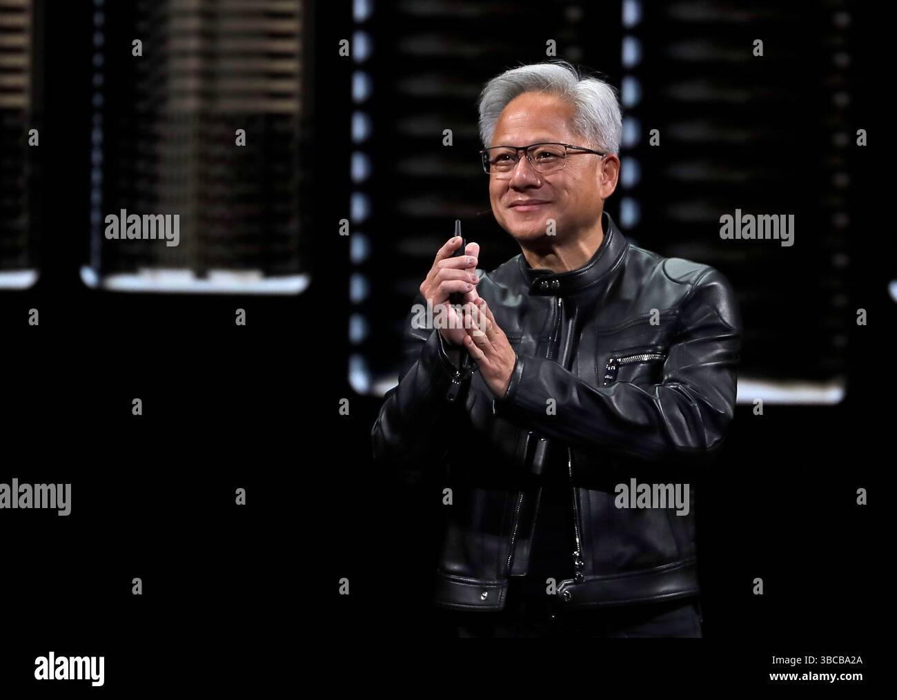 President and CEO of Nvidia Corporation Jensen Huang delivers a speech ...
