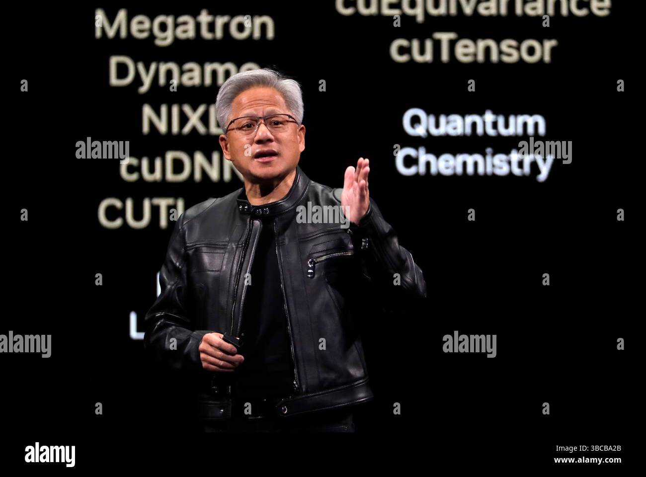 President and CEO of Nvidia Corporation Jensen Huang delivers a speech ...