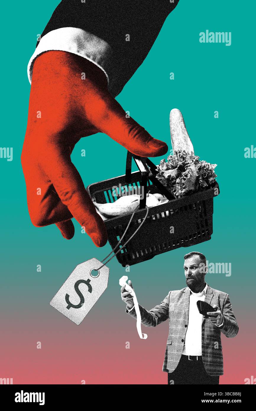 Man holding empty wallet and receipt looking at expensive food basket ...