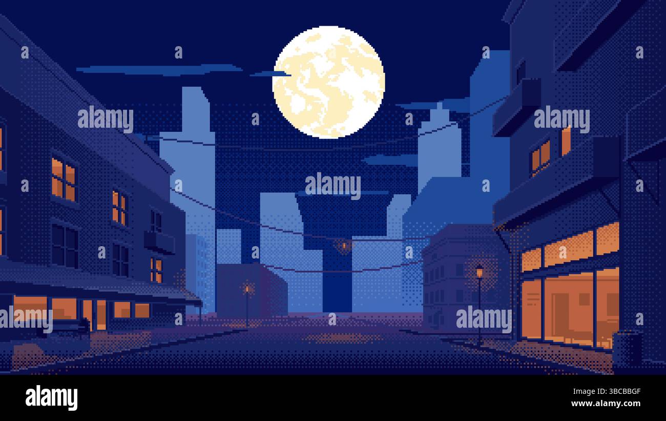 Pixel art night cityscape with road on street and moon in sky. 8-bit video game vector ...