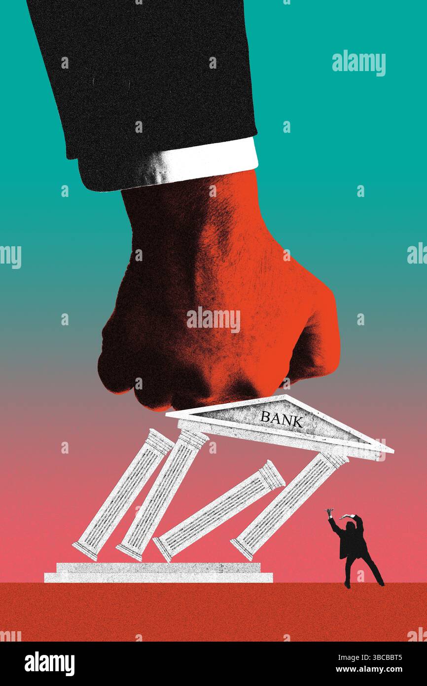 Giant red fist smashing old style bank building with tiny person below ...