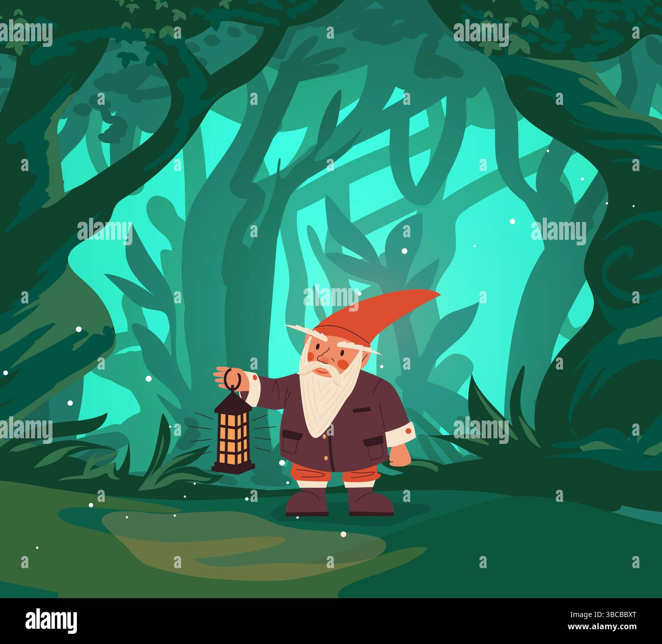Cute gnome in magic forest. Fairy tale dwarf. Funny character in trees ...