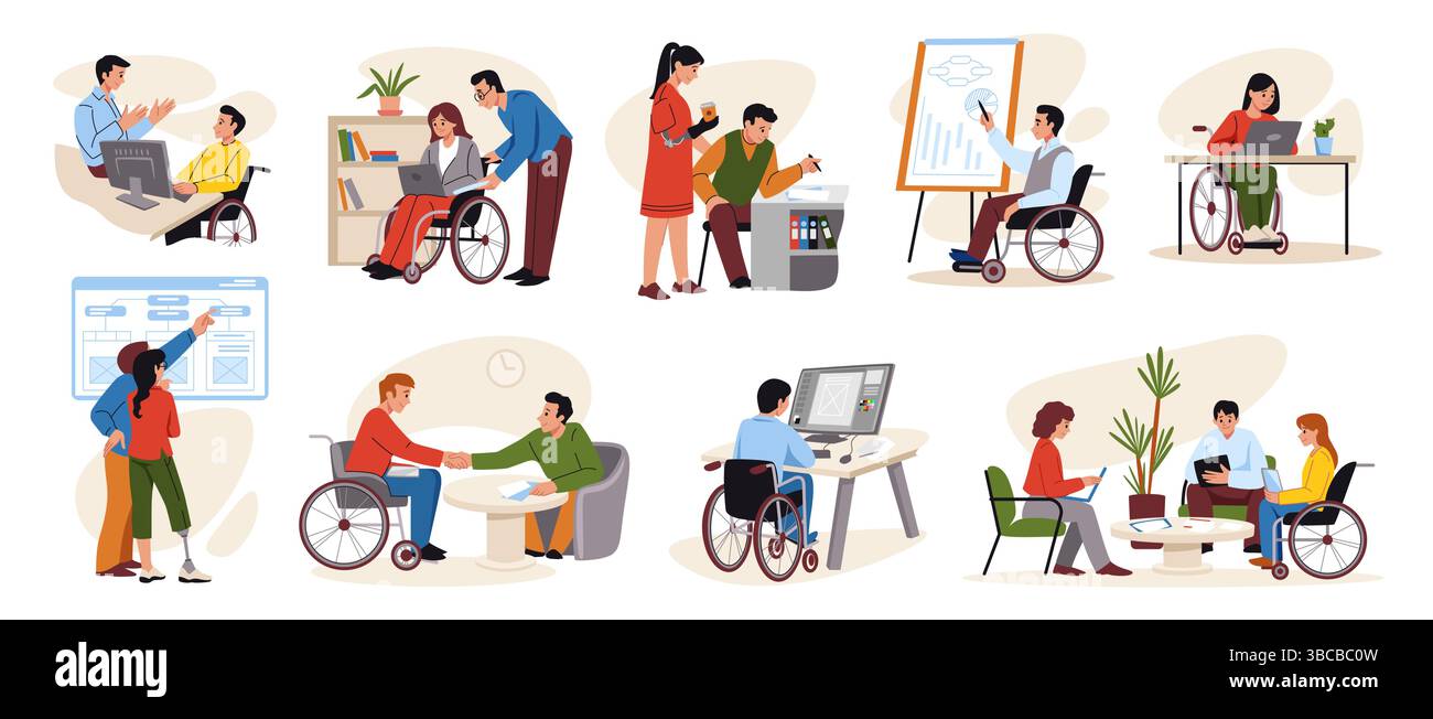 Disable people work. Diverse business team. Inclusive person character ...