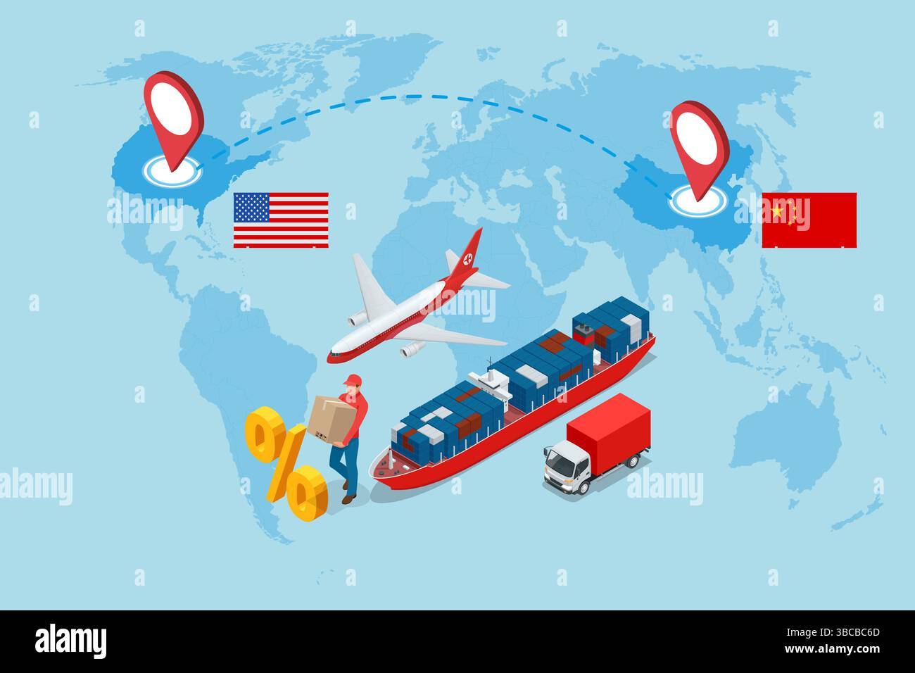 Isometric showing rising US import tariffs, affecting global logistics ...