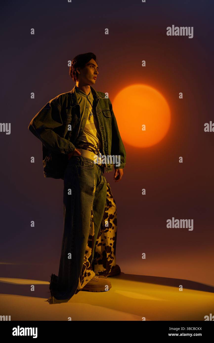 A stylish non binary individual stands proudly, basking in the warm ...