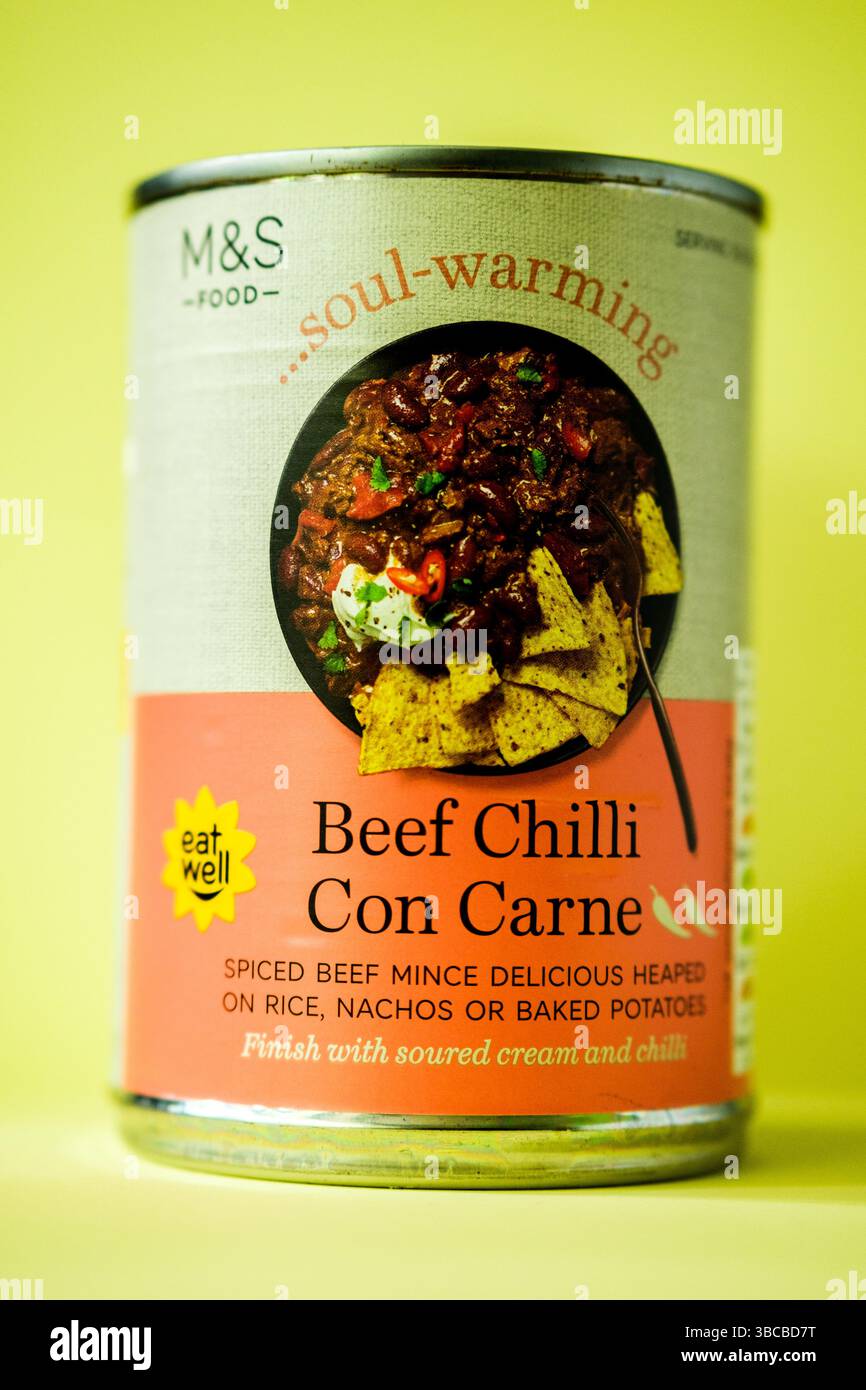 London UK, May 19 2025, Can of Marks and Spencer Hot and Spicy Beef ...