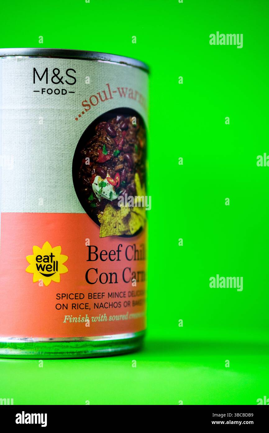London UK, May 19 2025, Can of Marks and Spencer Hot and Spicy Beef ...