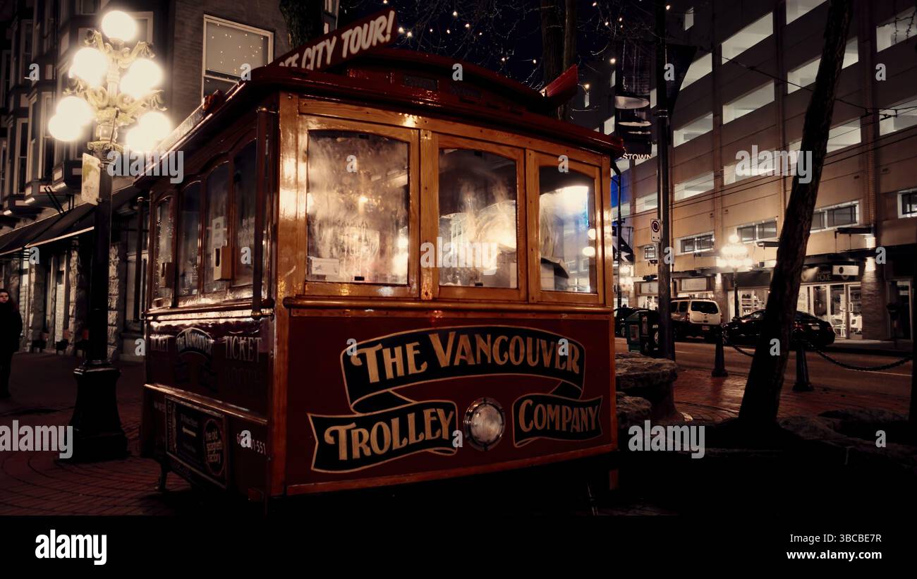 PRETEXT Vintage trolley ticket booth glowing at night in Vancouver ...