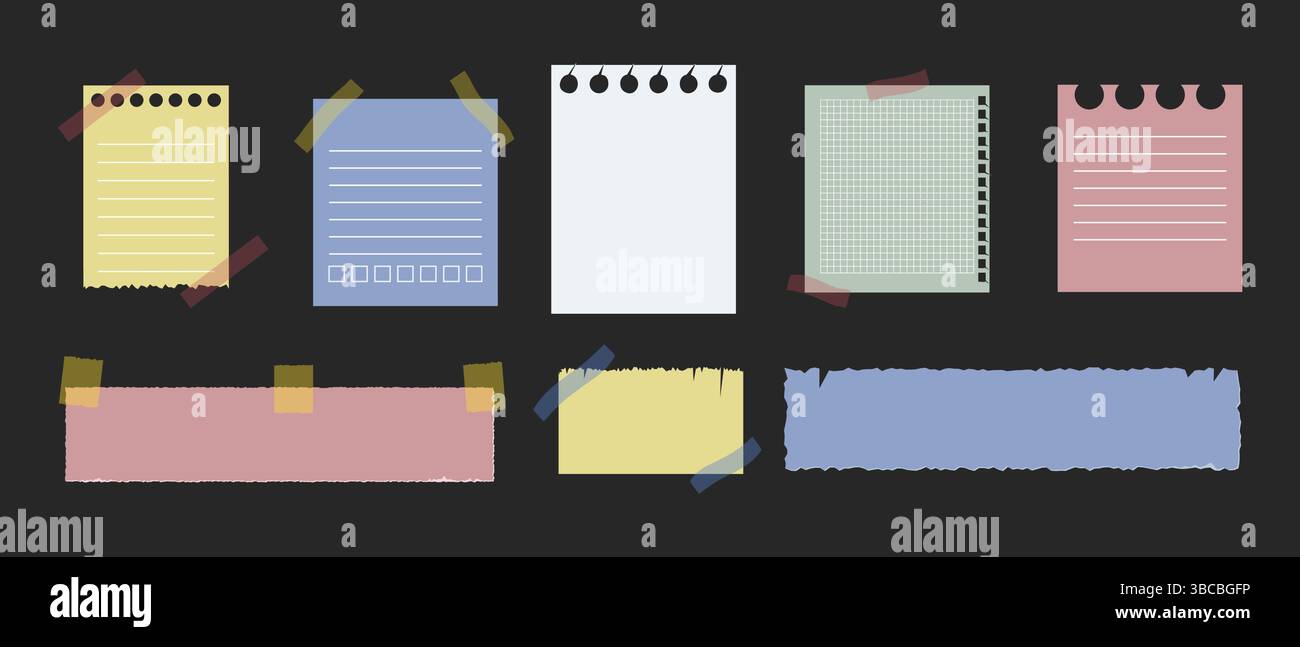 Set of school children's torn notes, scrapbook paper sheets in a square ...