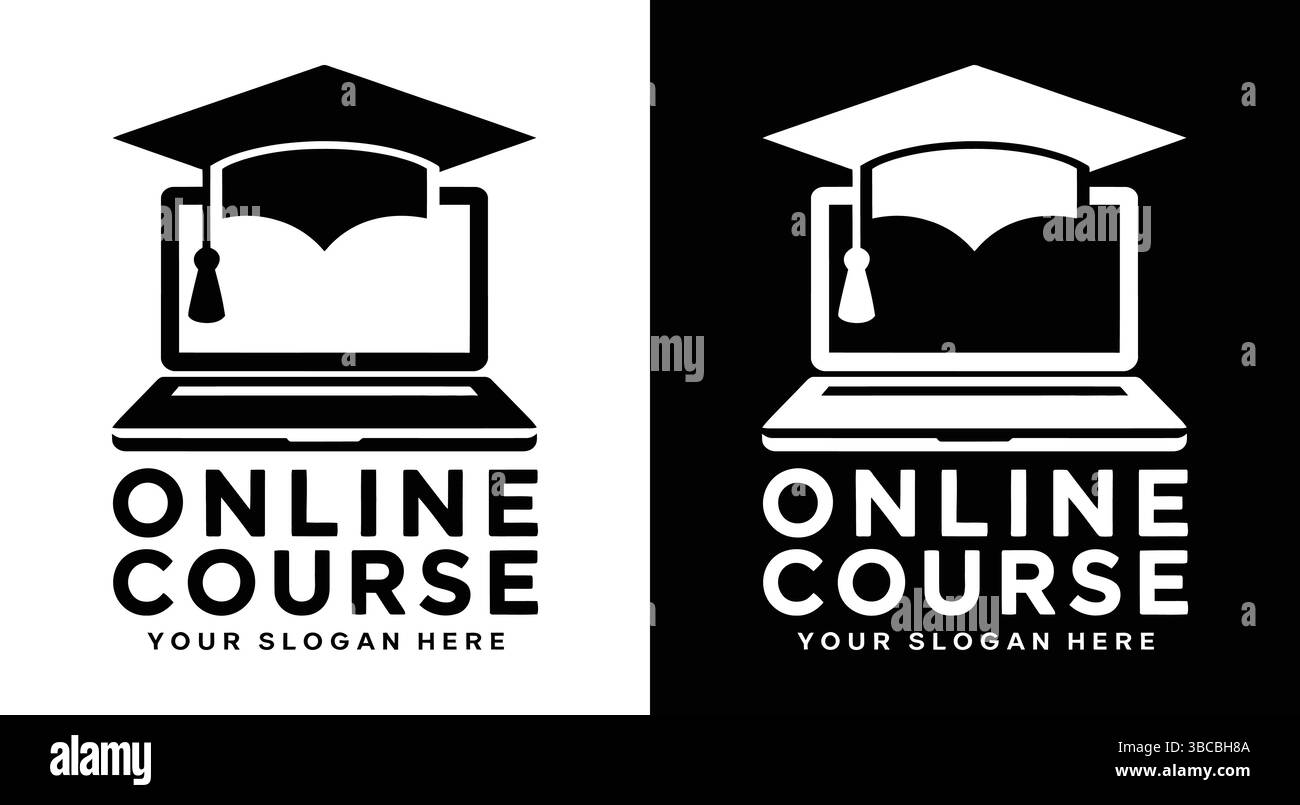 A professional black logo merging a laptop with graduation cap ...