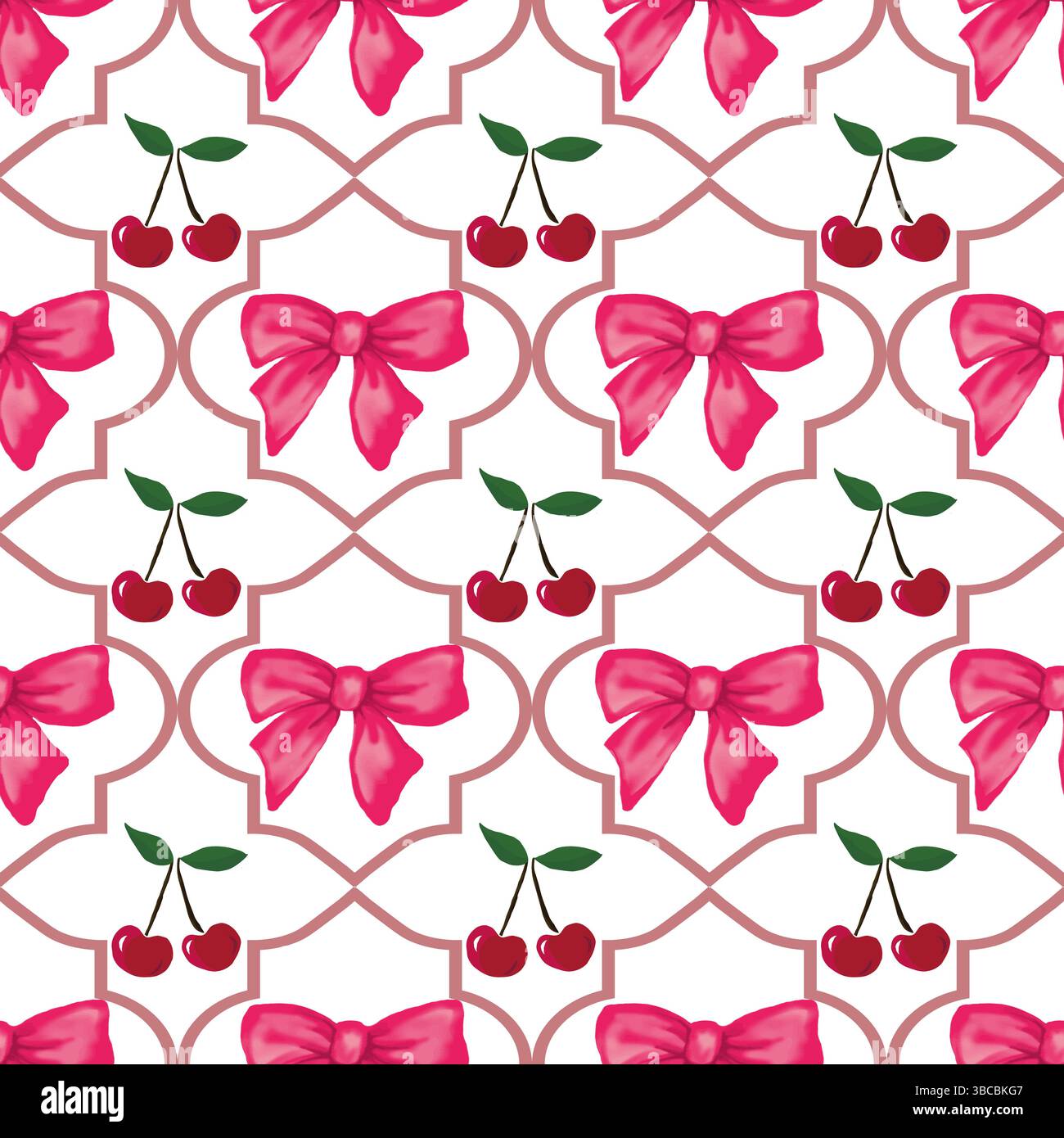 Pink coquette bows and clusters of tiny red cherries with green leaves ...