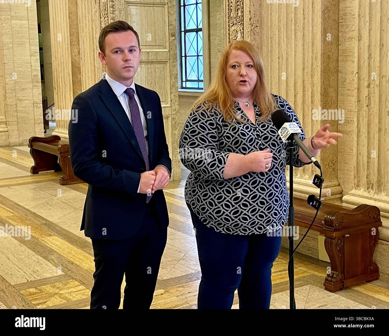 Alliance leader Naomi Long and deputy leader Eoin Tennyson speak to ...