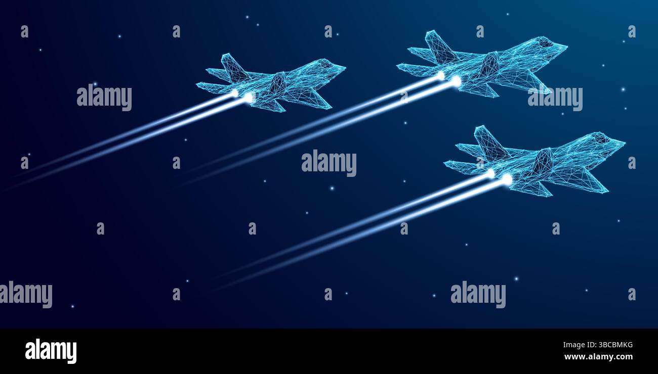 Military three Fighter Jets in flight. Digital airplane in futuristic ...