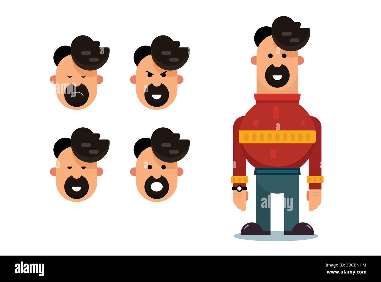 Cartoon Man Character with Four Facial Expressions on White Background ...