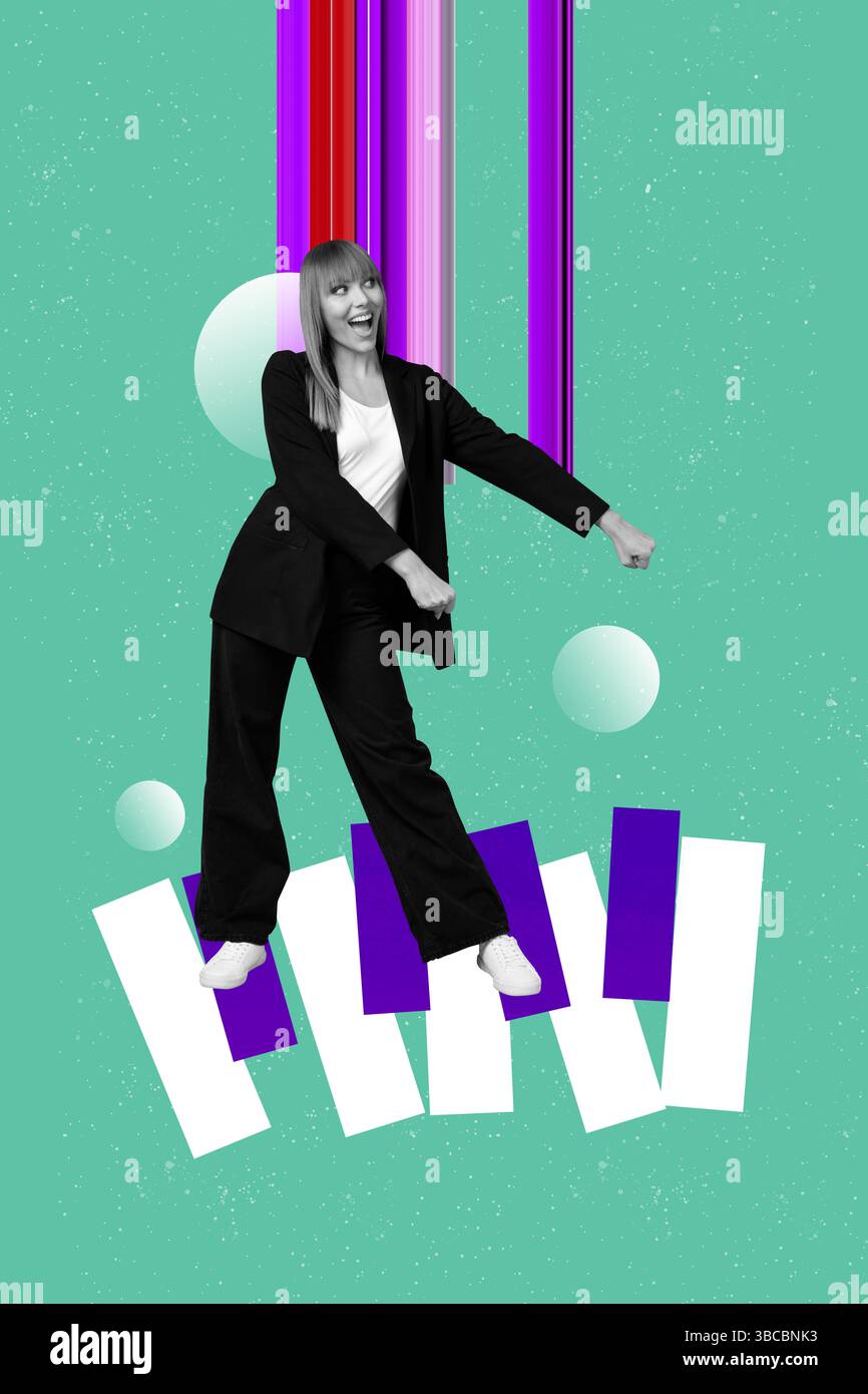 Poster surreal collage of person stand drawing piano keys with color ...