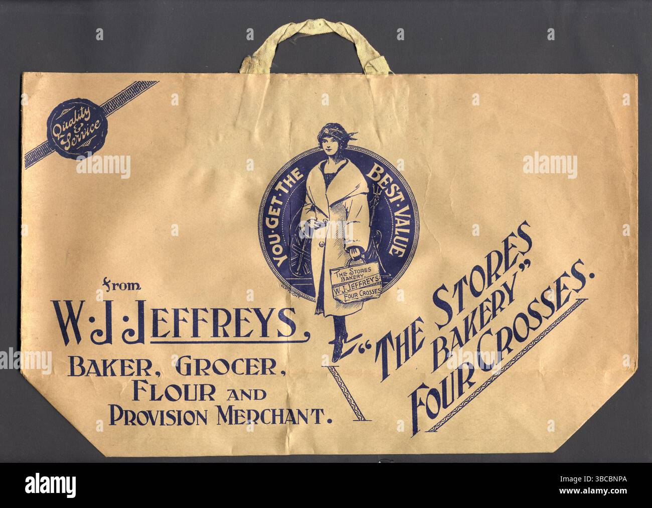 Vintage, brown paper, shopping bag, W J Jeffrey, Four Crosses, bakery ...