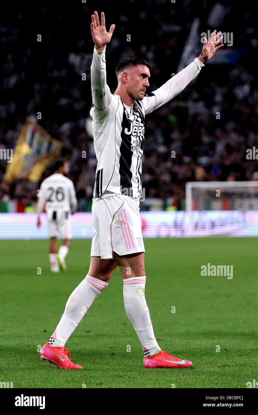 Torino, Italy. 18th May, 2025. Dusan Vlahovic of Juventus Fc celebrates ...