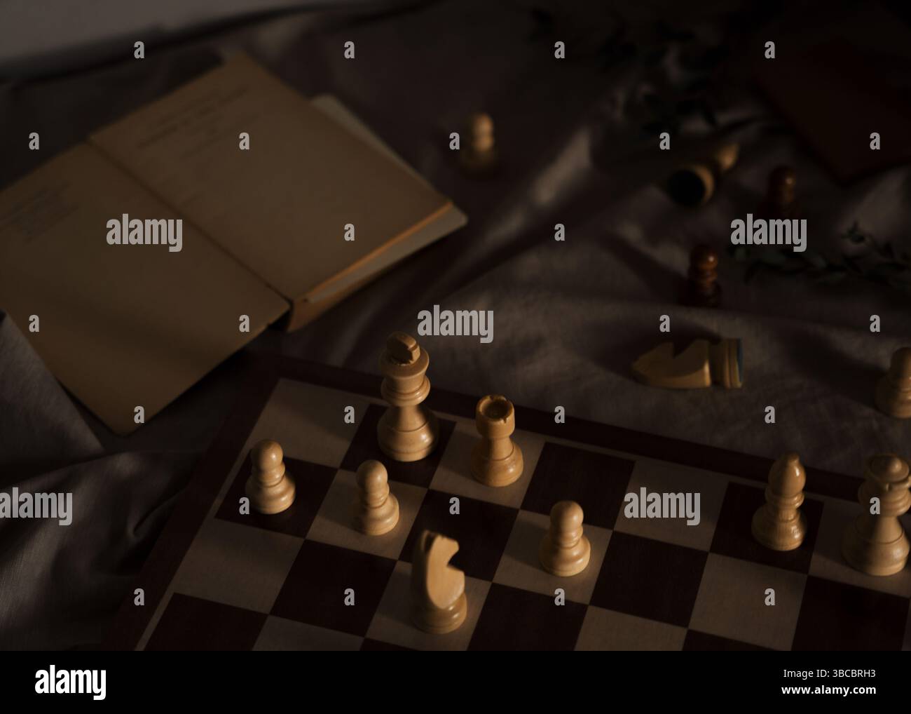 Moody chess game with book, dark academia aesthetic, copy space Stock ...