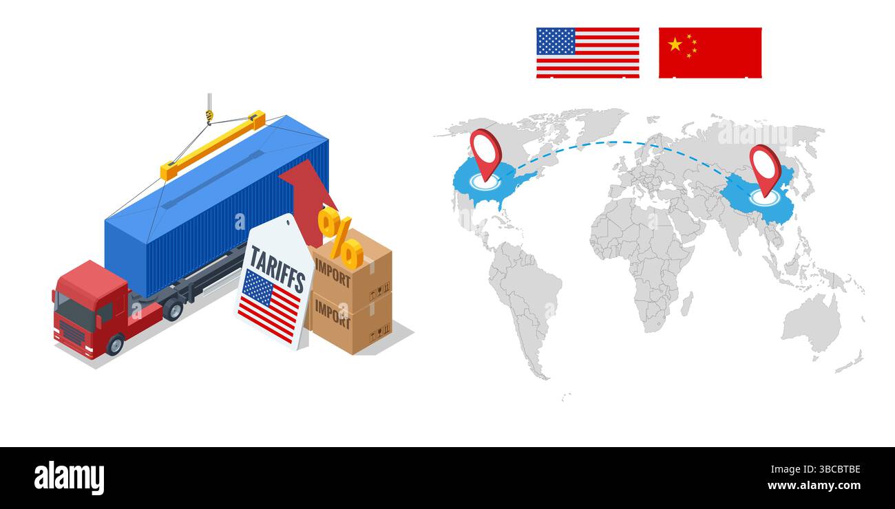 Isometric Chinese truck stopped at a customs barrier marked TARIFFS ...