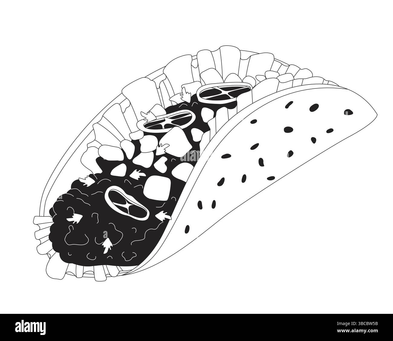 Spicy taco with ground meat and fresh vegetables 2D line object Stock ...