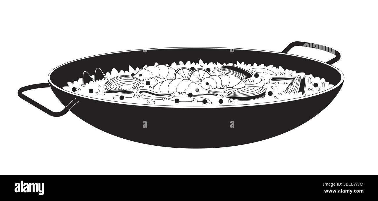 Traditional paella with seafood and peas 2D line object Stock Vector ...