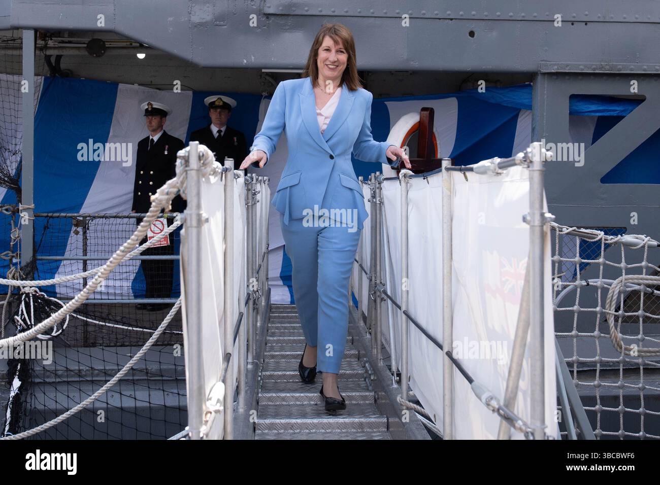 Chancellor of the Exchequer Rachel Reeves boards the Royal Navy Type 23 ...