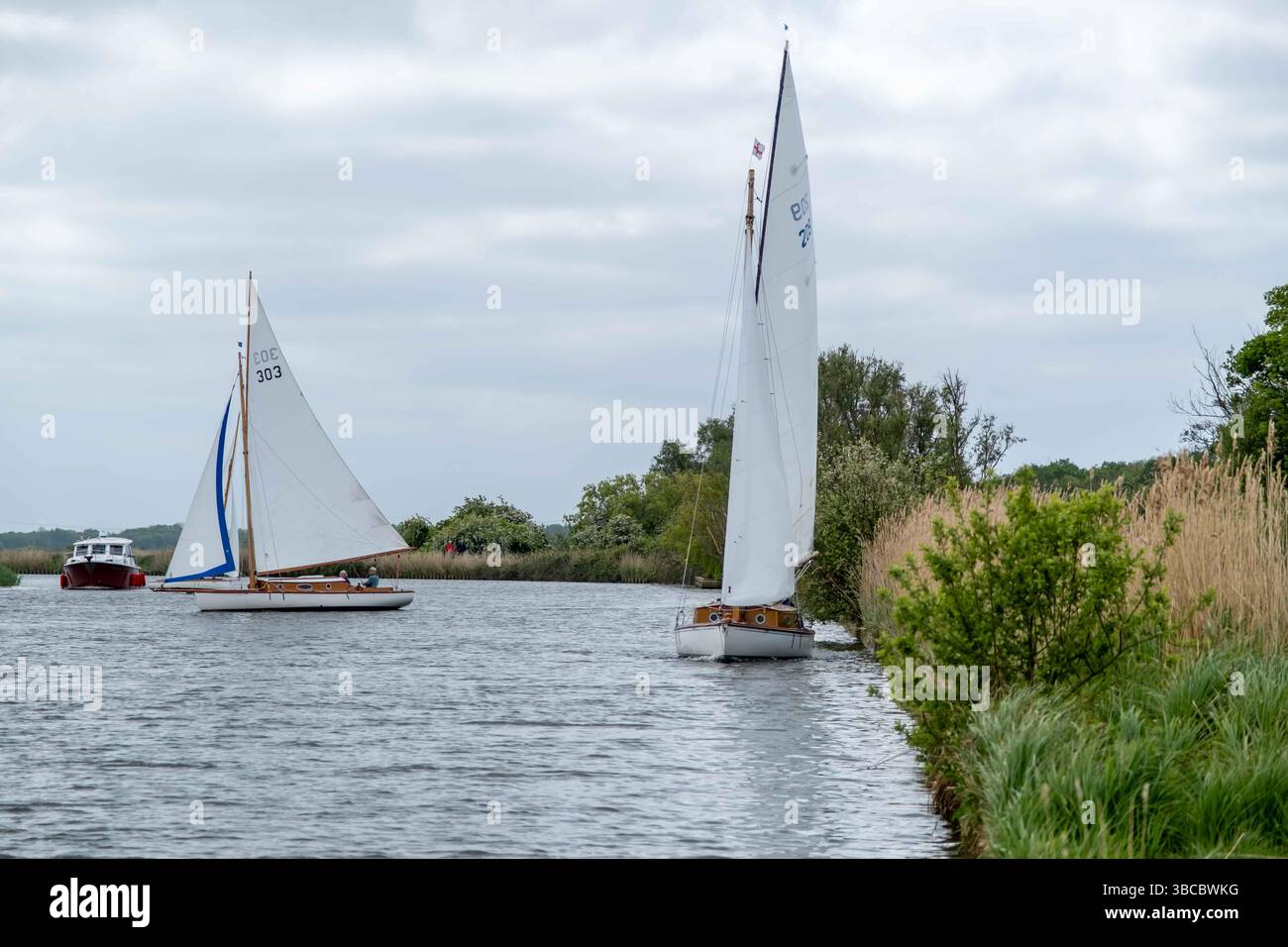 Upton, Norfolk, UK – May 18 2025. Traditional sailing boats tacking ...