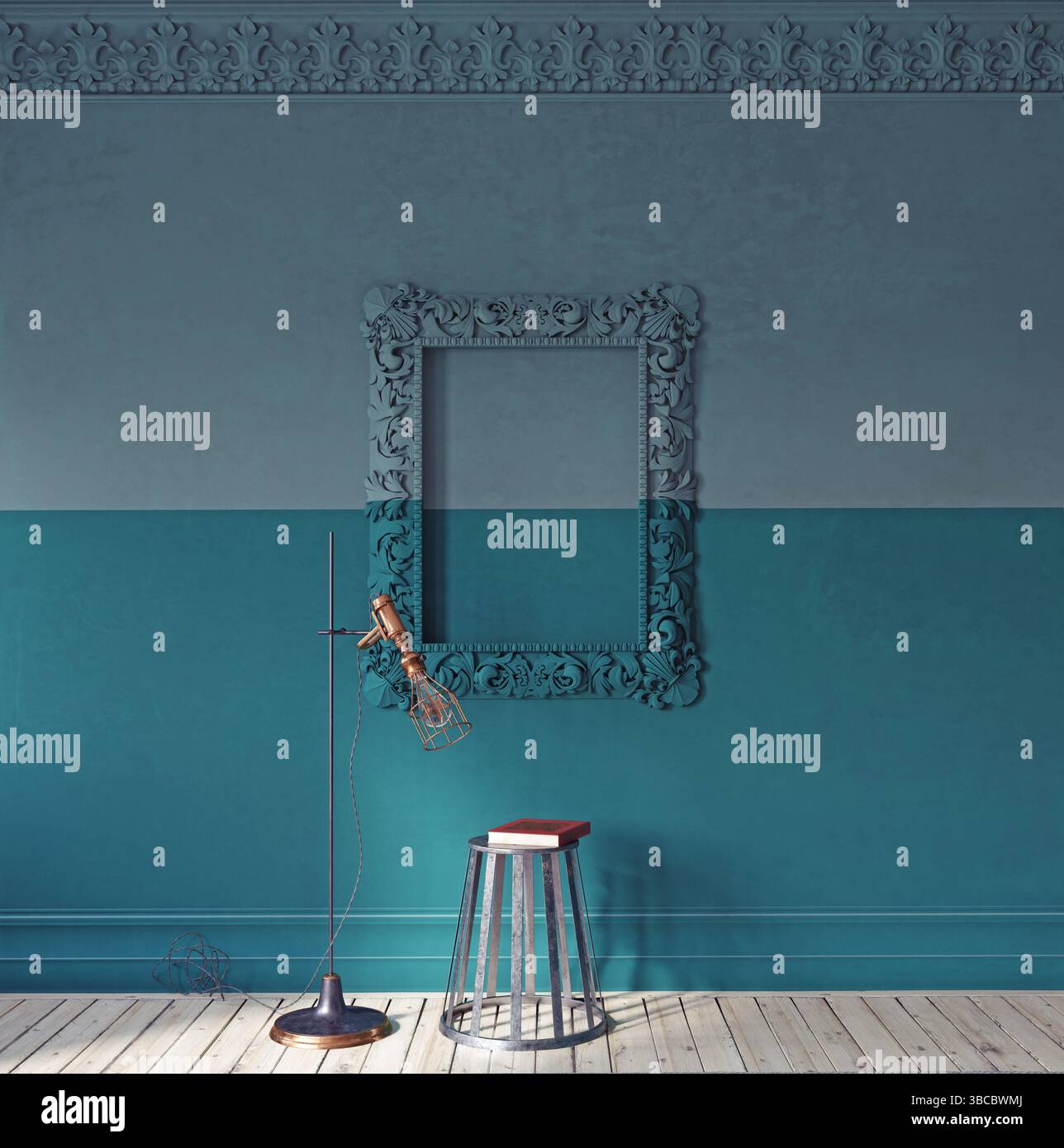 Blue room with frame hints absence and contemplative space 3D rendering ...
