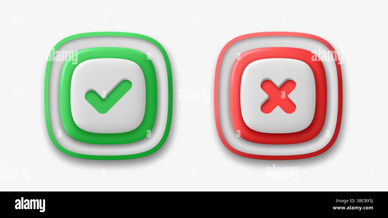 Green tick of approval and red cross of prohibition isolated on light ...
