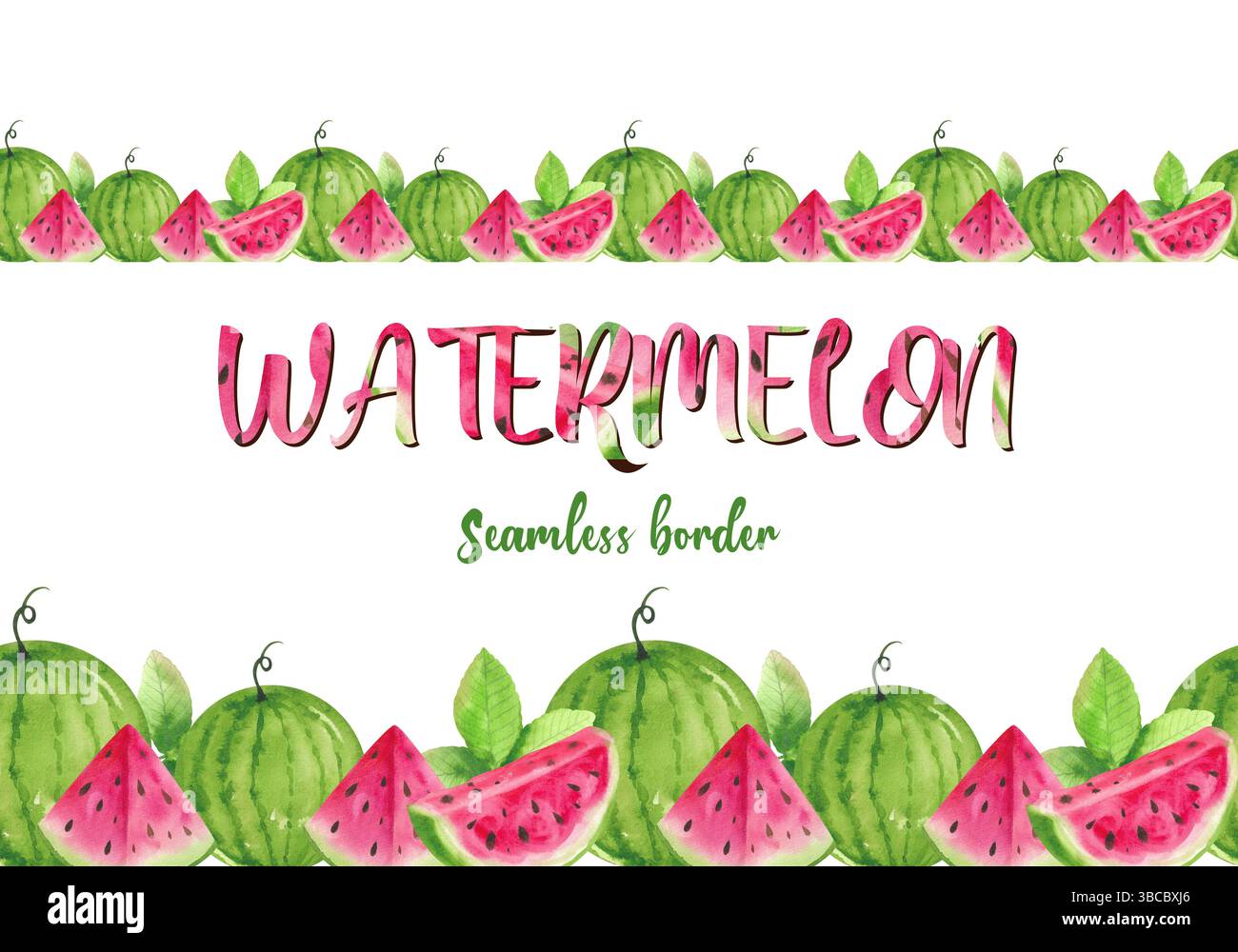 Watercolor illustration set, watermelon, leaves, seamless pattern ...