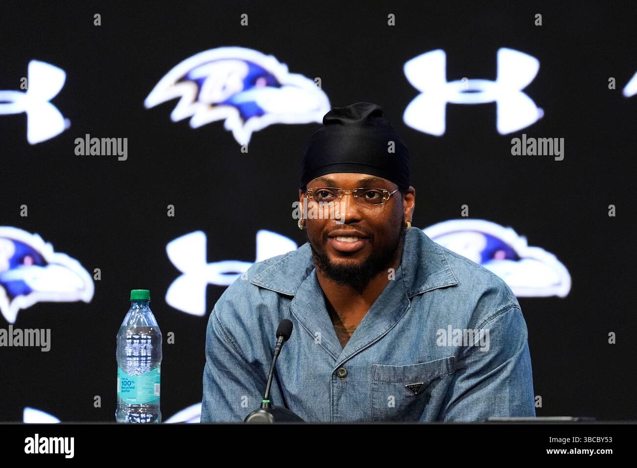 Baltimore Ravens running back Derrick Henry speaks to media during a ...