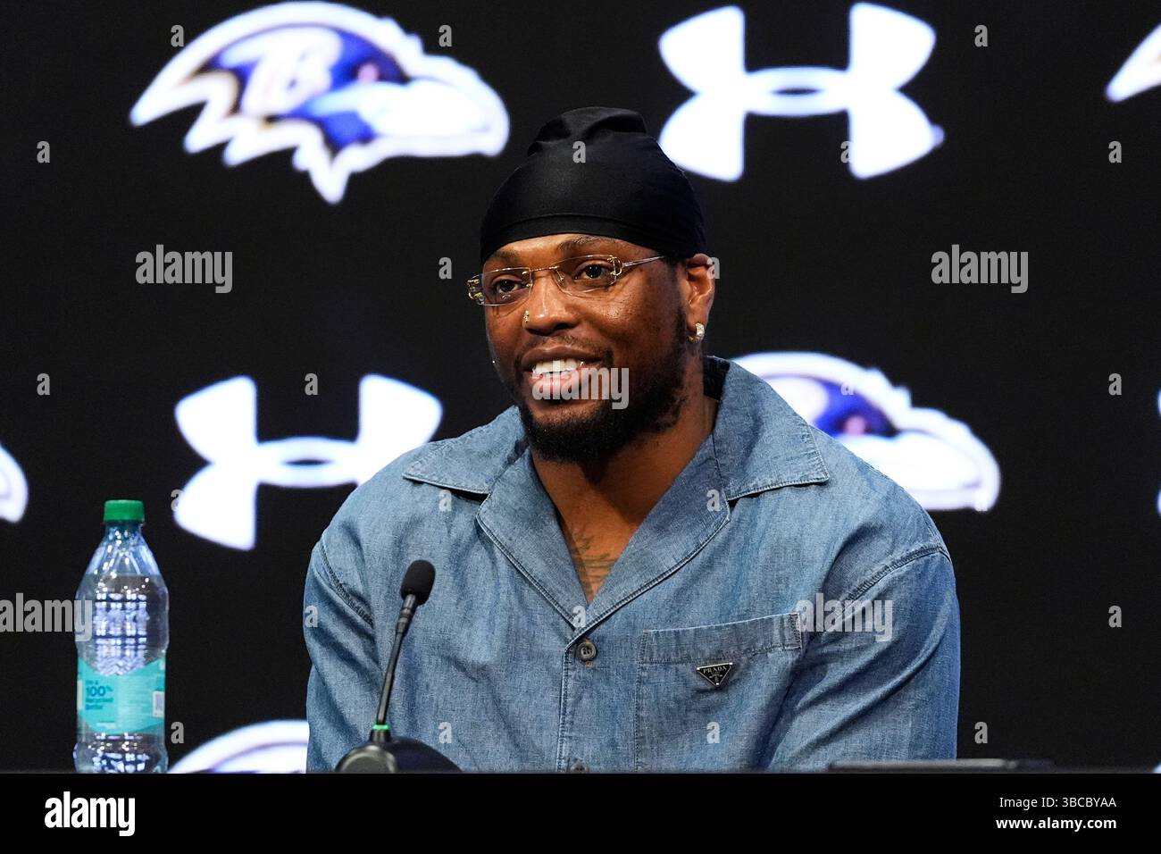 Baltimore Ravens running back Derrick Henry speaks to media during a ...