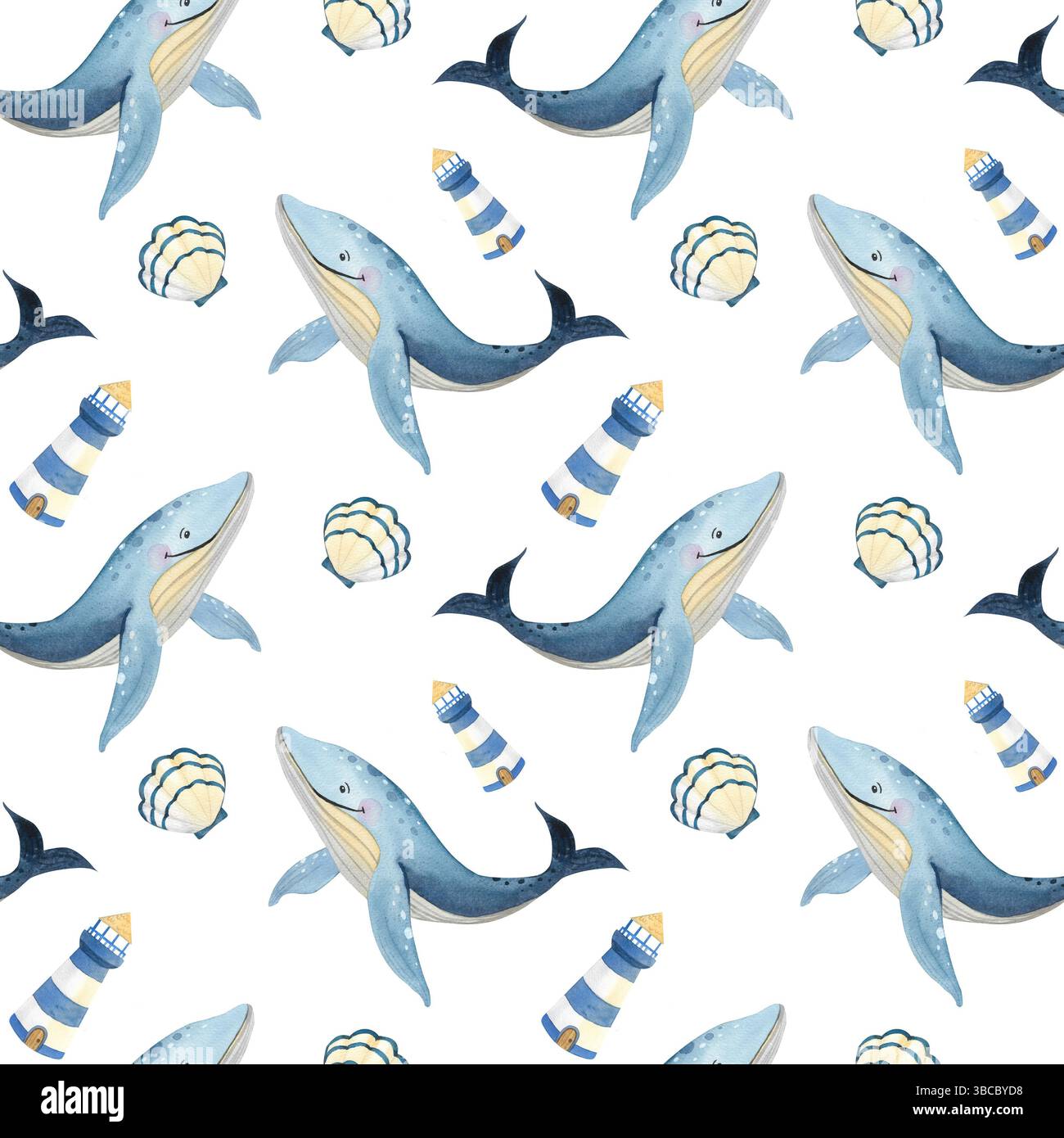 Watercolor seamless pattern of cute cartoon blue whales, fish, shells ...