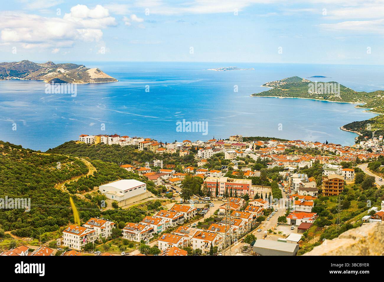 Panoramic top view of seaside resort city of Kas in Turkey. Summer ...