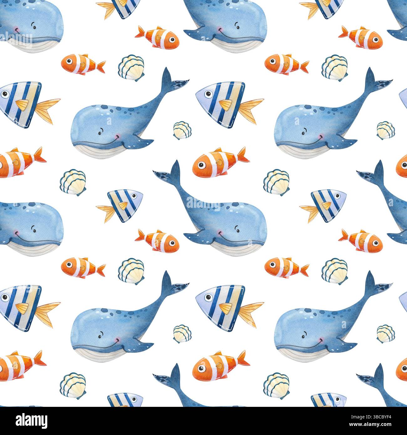 Watercolor seamless pattern of cute cartoon blue whales, fish, shells ...