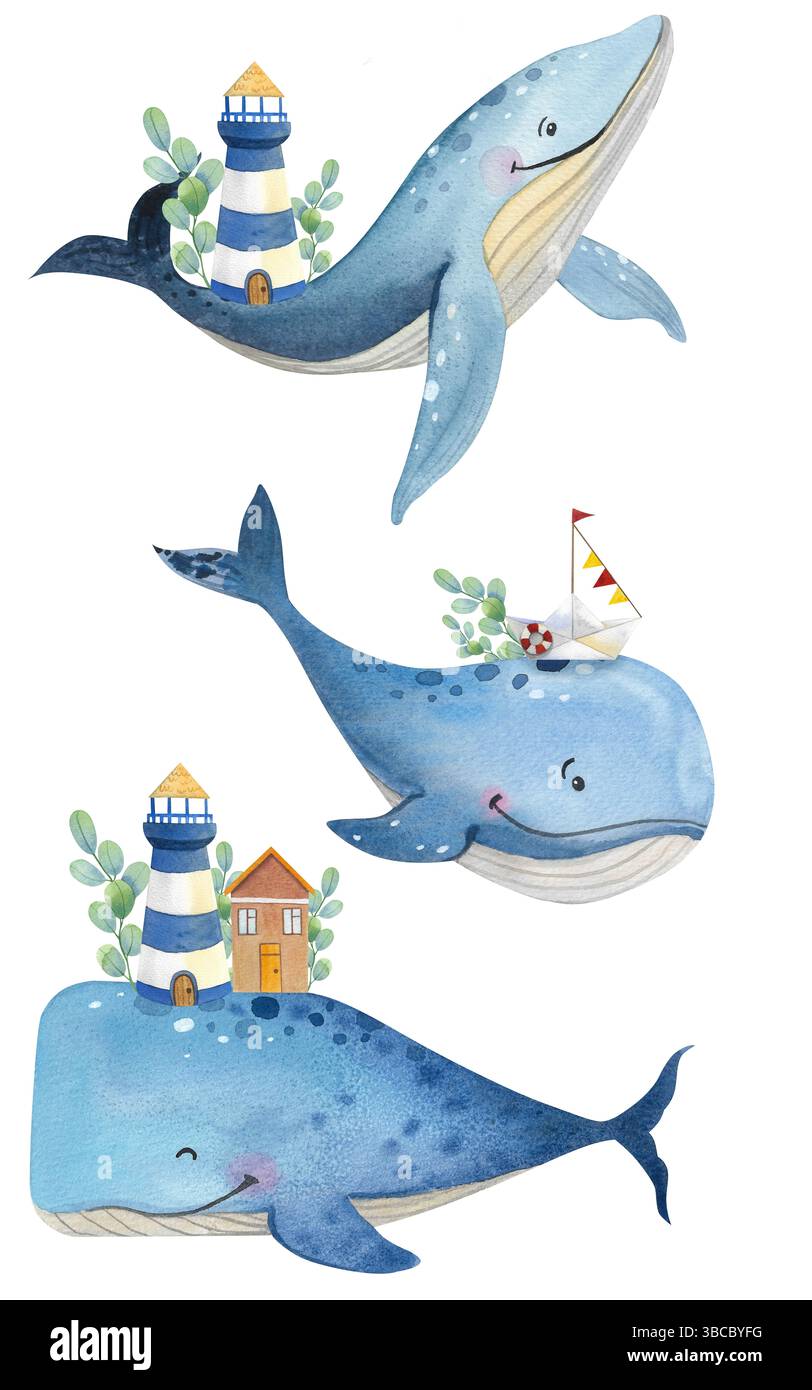 Watercolor set of cute cartoon blue whales isolated on white background ...