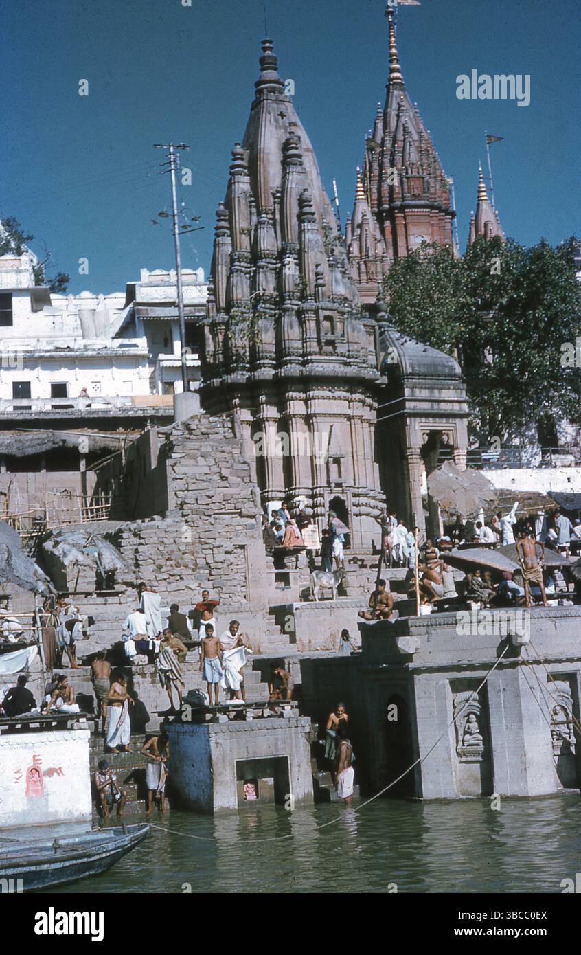 1960s, historical, embankment on the ganges river, Benares, India ...