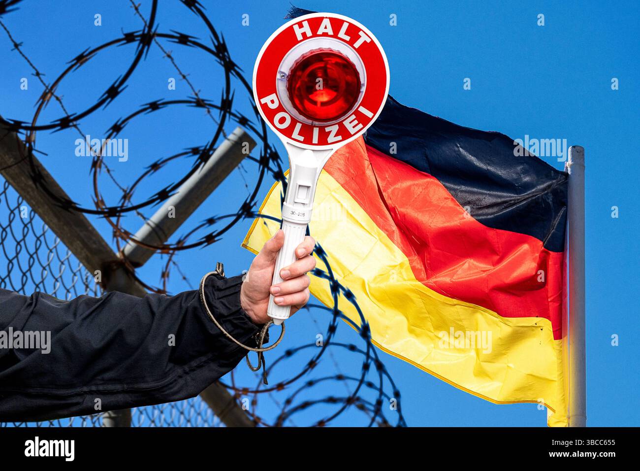 Germany - May 19, 2025: PHOTOMONTAGE, A police officer holds a police ...