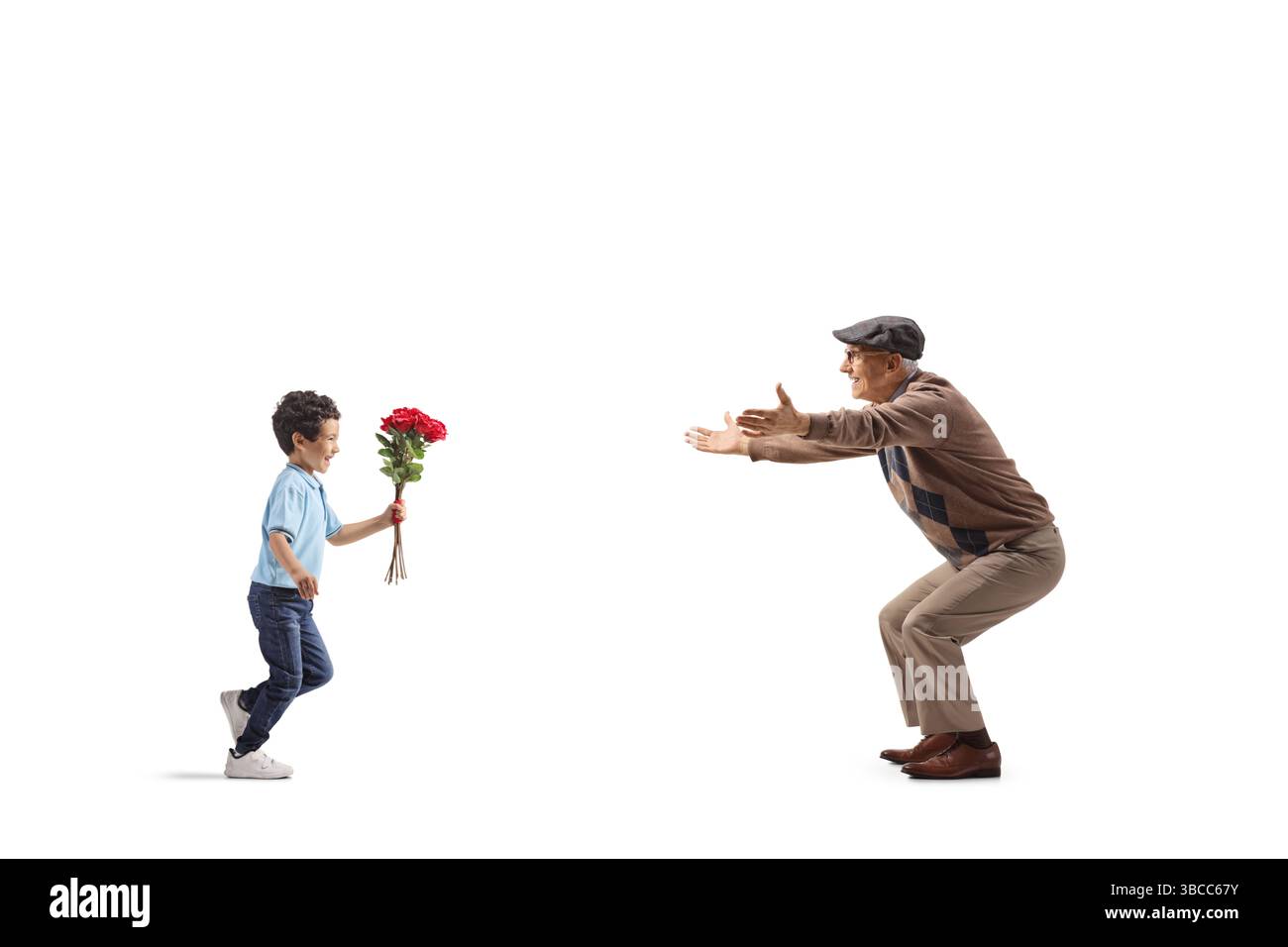 Boy running and giving a bouquet of red roses to his grandfather ...