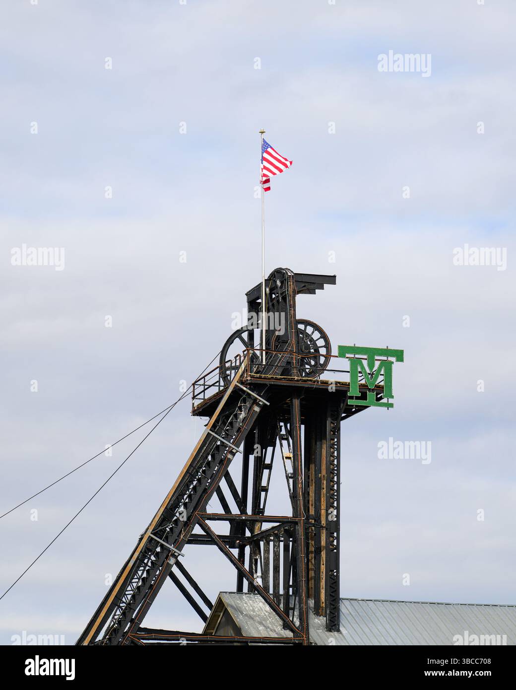 Butte, MT, USA - May 5, 2025; Orphan Girl Headframe with green Montana ...