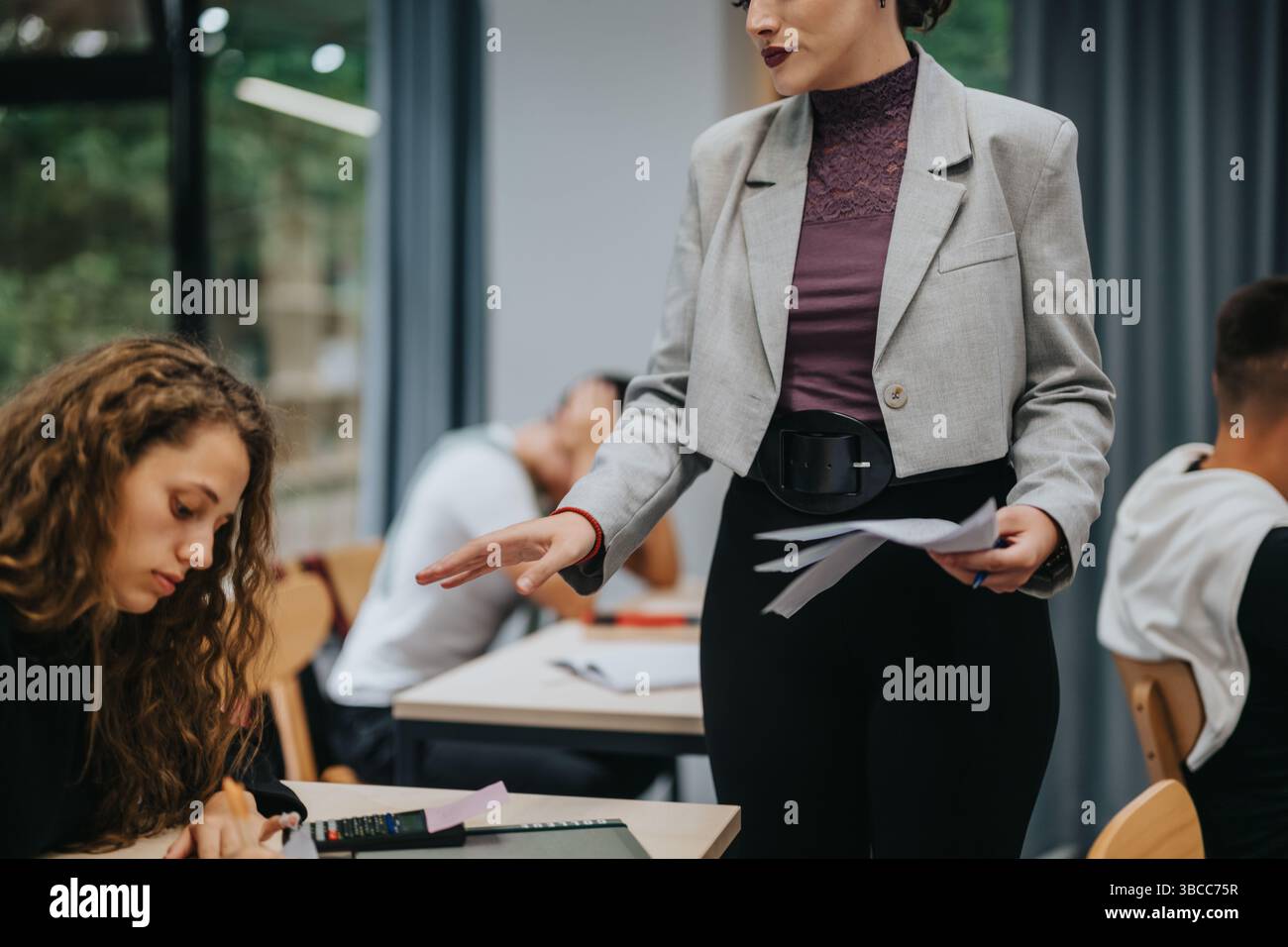 Teacher assisting students during a classroom study session Stock Photo ...