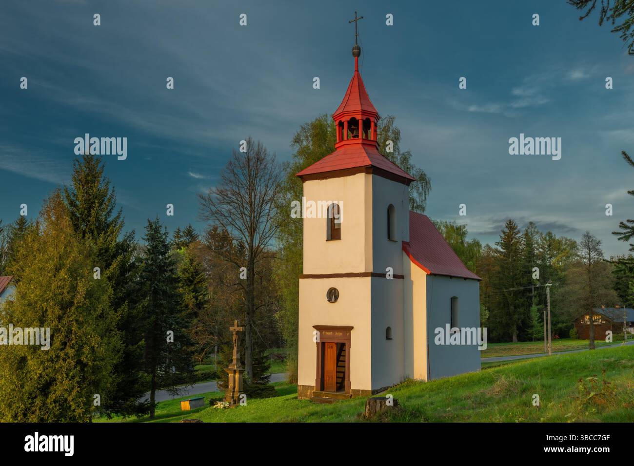 Old chapel in golden hour evening in color spring after sunset in Cihak ...
