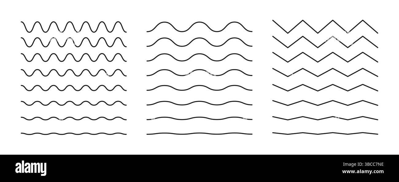 Wavy, curvy black lines. Sine, fluid, air, wind sign. Undulate borders ...